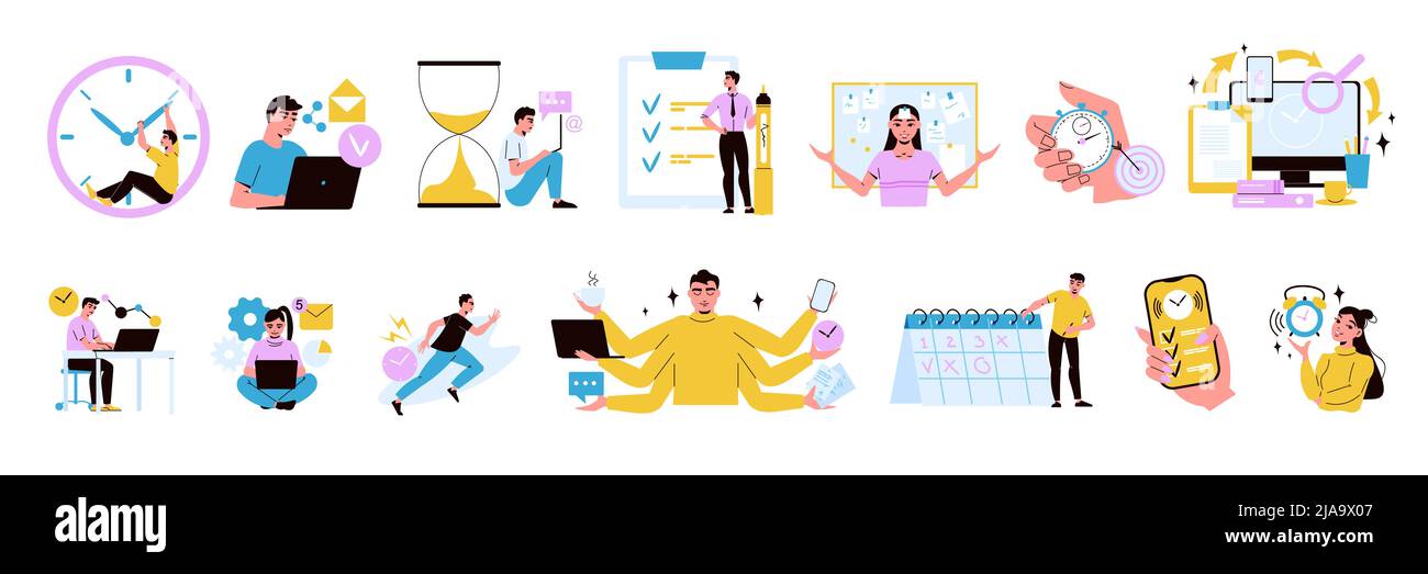 Zeitmanagement flache Reihe von Multitasking Sanduhr Stoppuhr ...