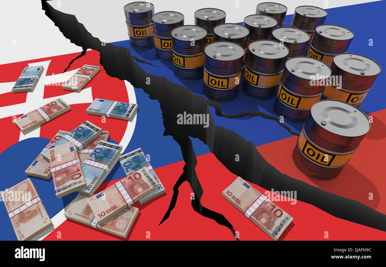 Ölfässer und Geld vor dem Hintergrund der Flaggen Russlands und der Slowakei. Weltweite ...