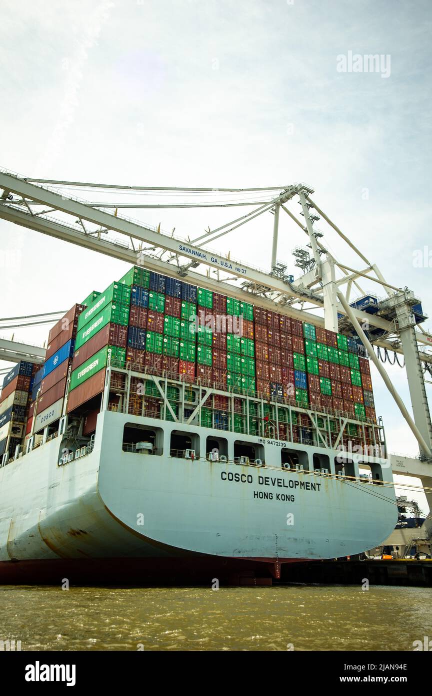 Das COSCO Development Containerschiff, das größte Schiff, das an der ...