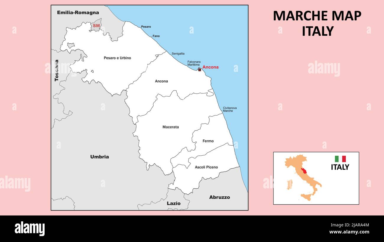 Karte Marken. Politische Karte der Marken mit weißen Grenzen Stock ...