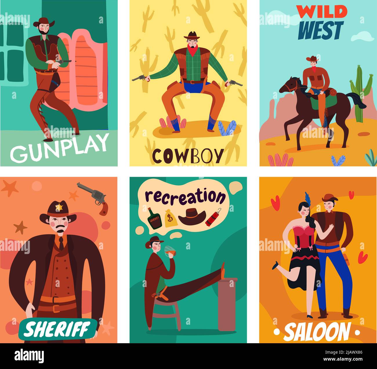 Wild West Cowboy-Karten Set aus sechs flachen Bildkompositionen mit ...