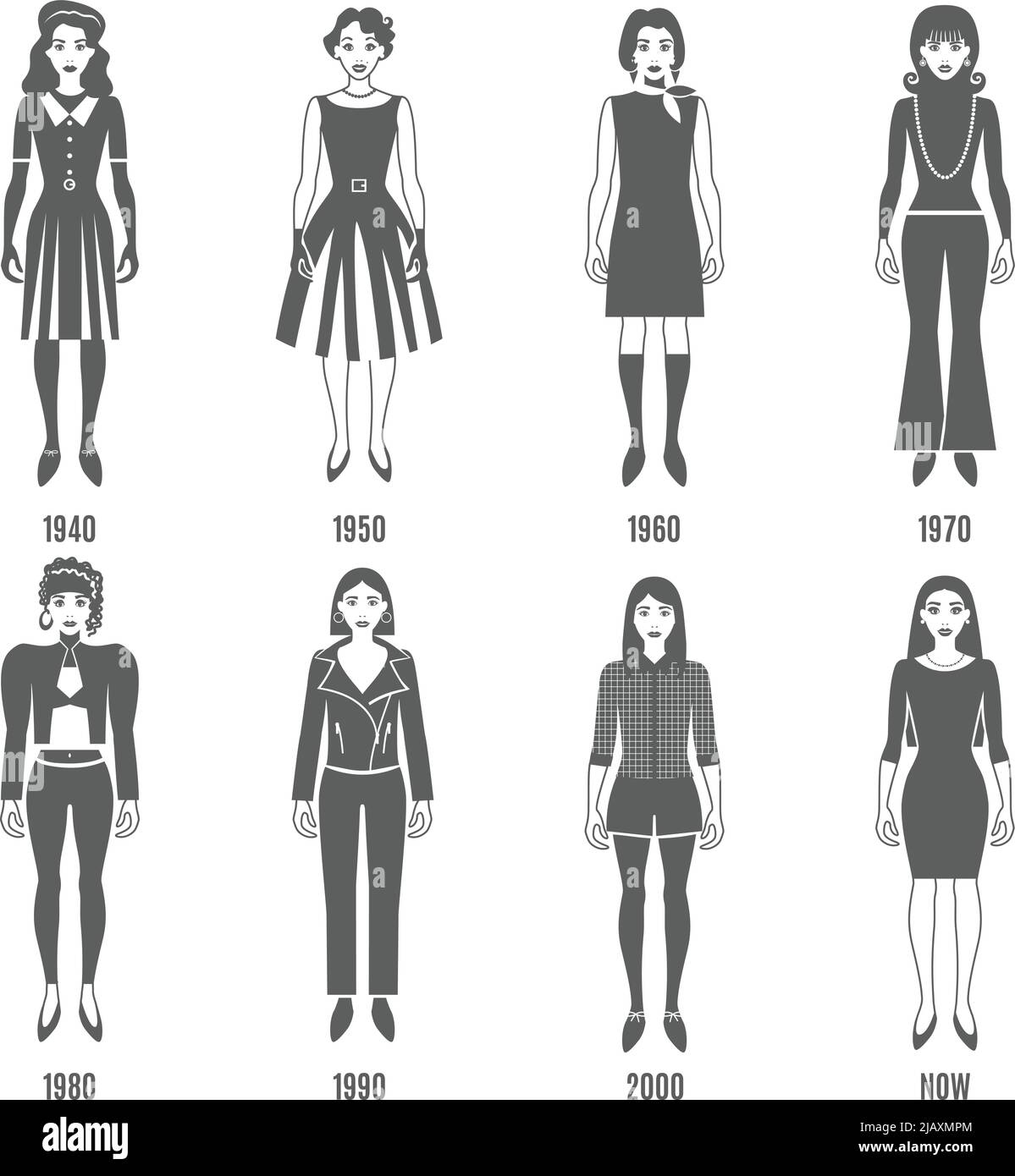 Frauen Mode Schwarz Weiß Icons Set. Mode Entwicklung Vektor ...