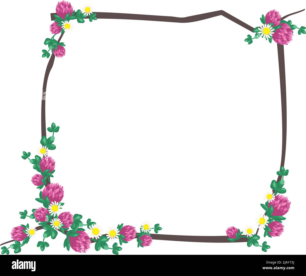 Quadratischer Rahmen aus rosa Kleeblüten und weißen Gänseblümchen und ...