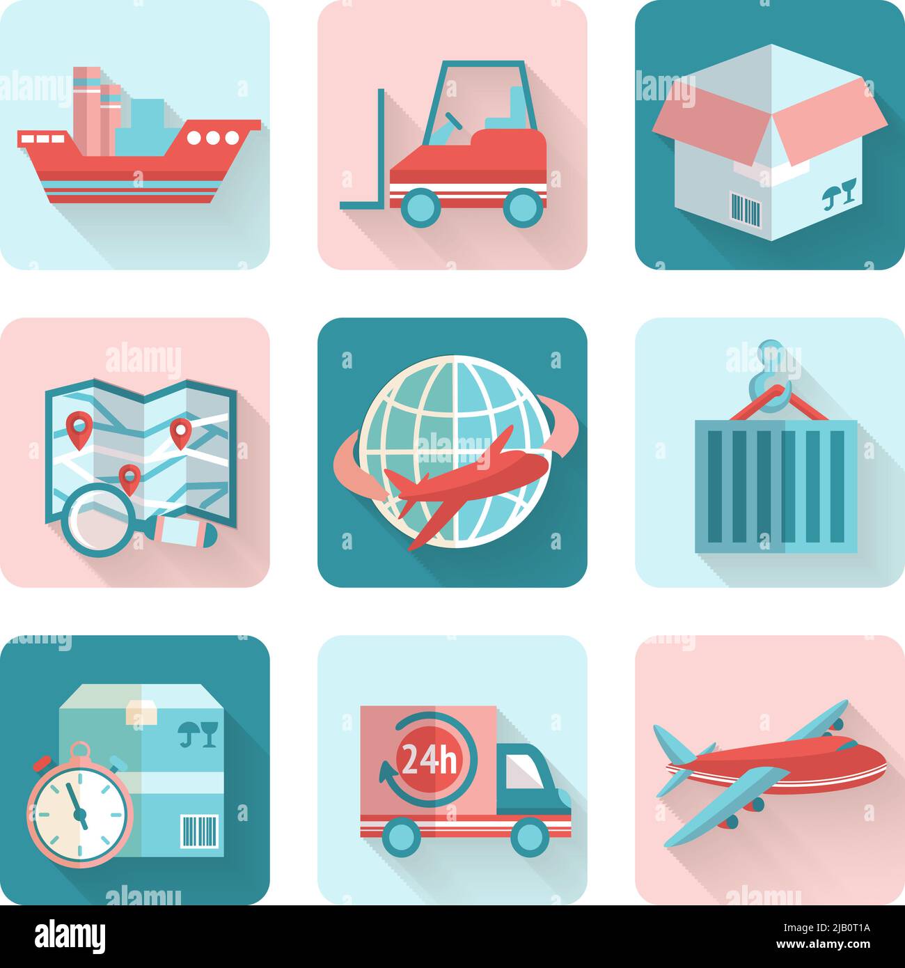 Logistische flache Symbole Satz von Frachtschiff Lieferung LKW schwere ...