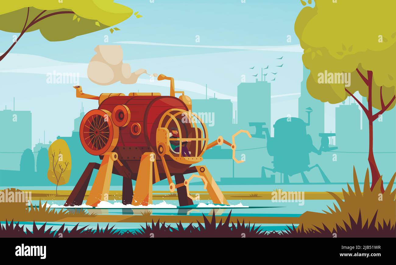 Große Steampunk Vintage-Maschine mit Roboterarmen und Mann in der ...