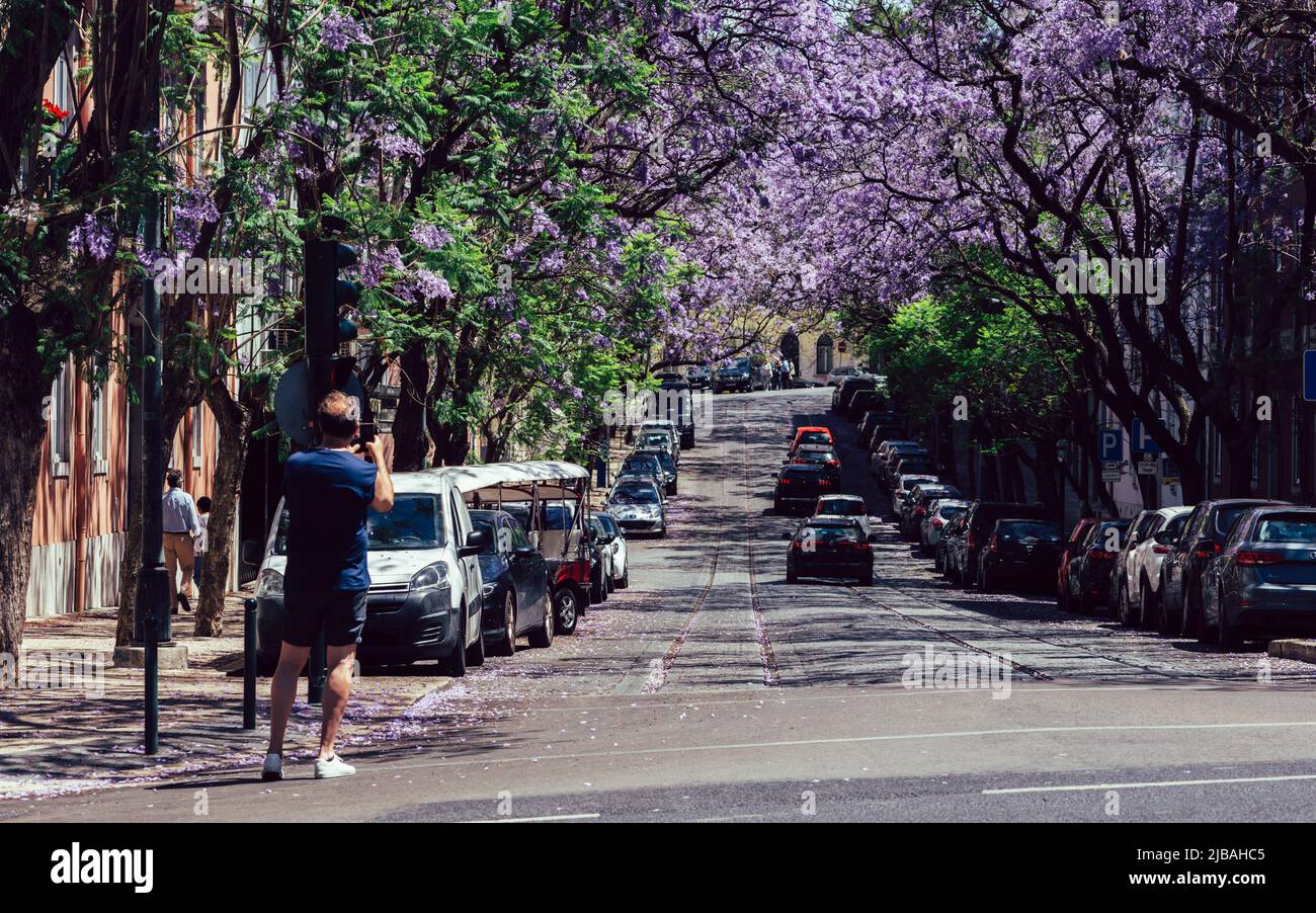 Lissabon, Portugal - 4. Juni 2022: Touristen unter der Allee der ...