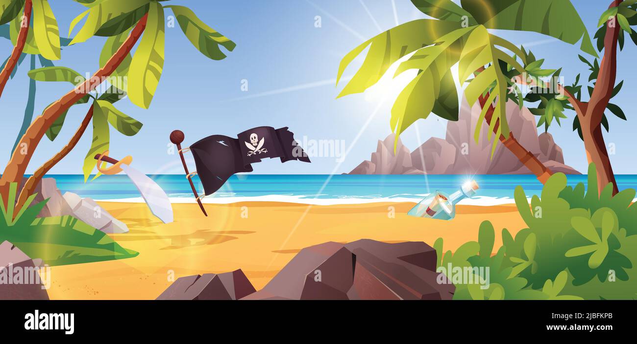 Felsige Insel mit Piratenflagge und Palmen im Meer. Flasche mit ... Felsige Insel mit Piratenflagge und Palmen im Meer. Flasche mit ...