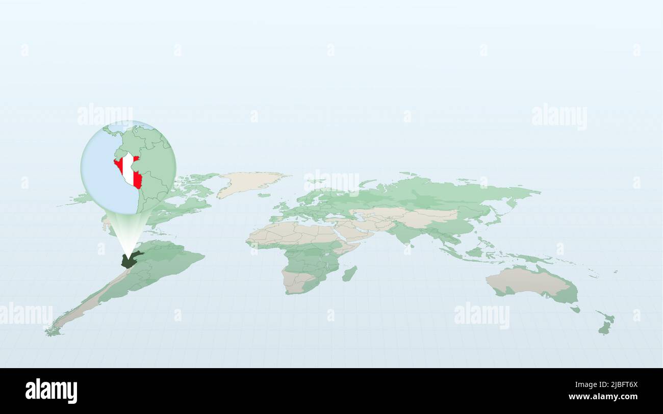 Weltkarte in perspektivischer Darstellung der Lage des Landes Peru mit ...