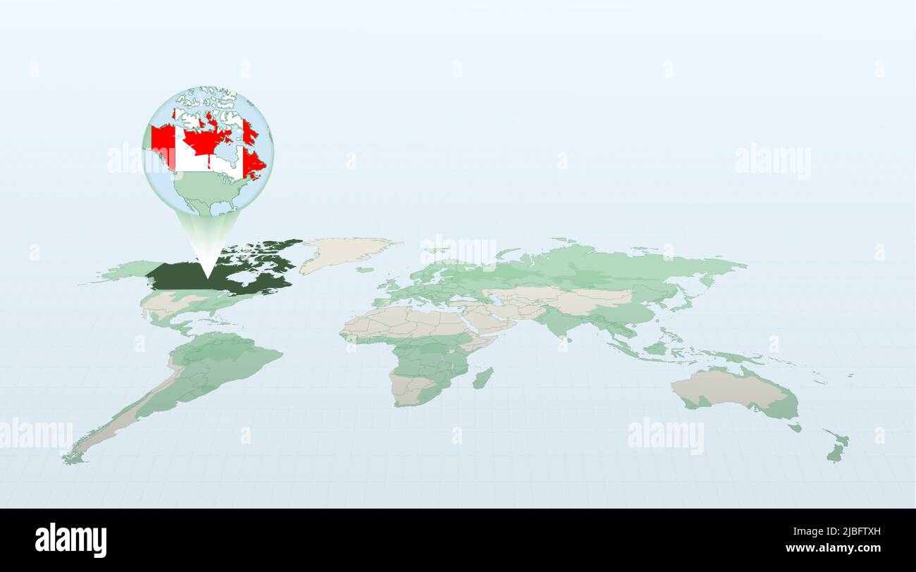 Weltkarte in perspektivischer Darstellung der Lage des Landes Kanada mit detaillierter Karte mit ...