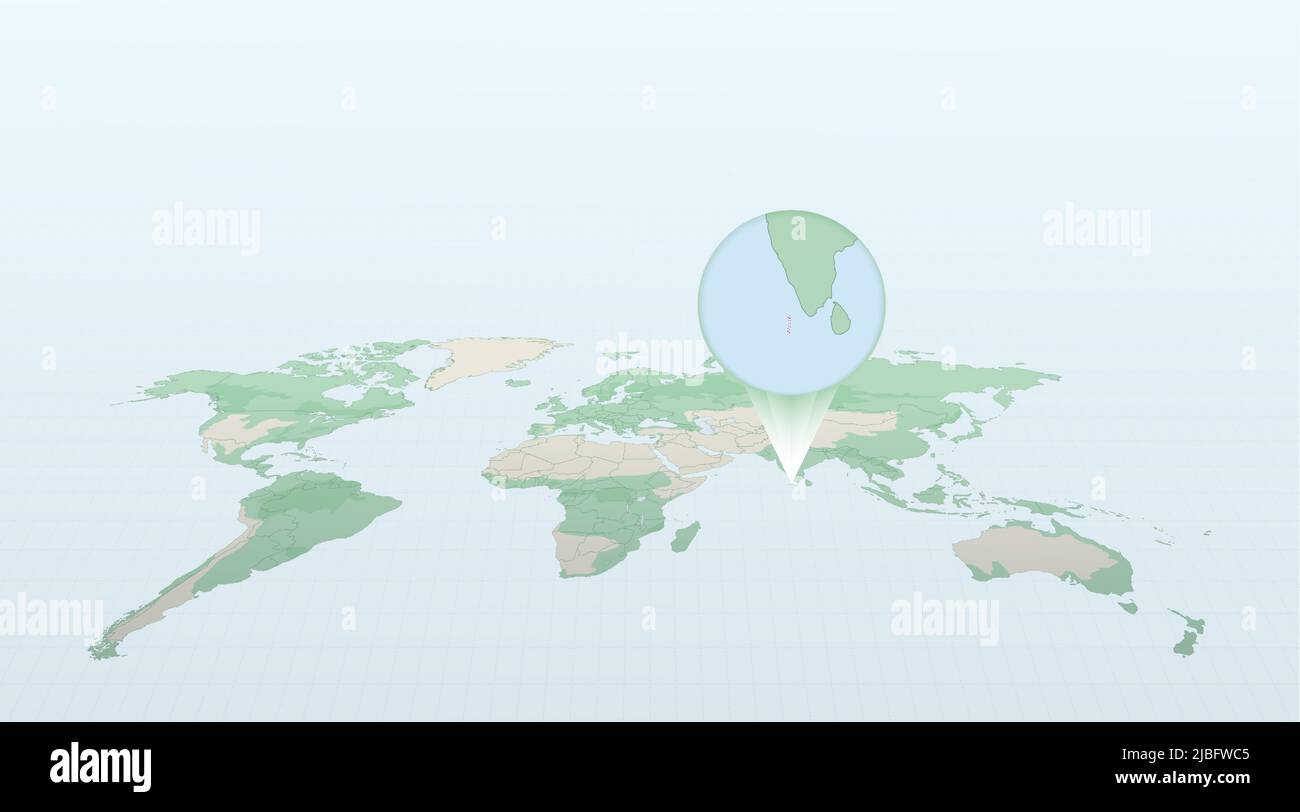 Weltkarte in Perspektive mit der Lage des Landes Malediven mit ...