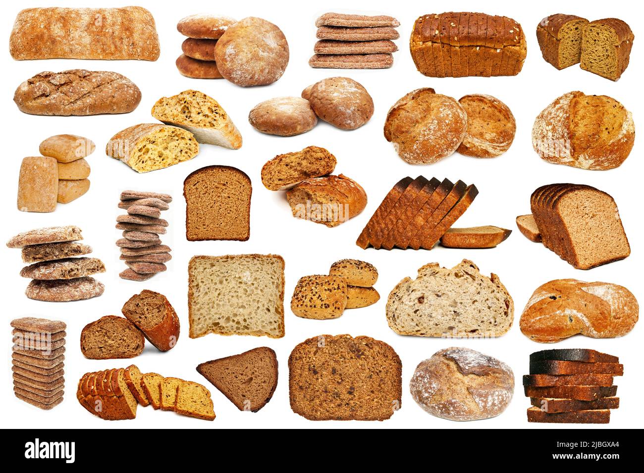 Auswahl an verschiedenen Brotsorten isoliert auf weißem Hintergrund, im ...