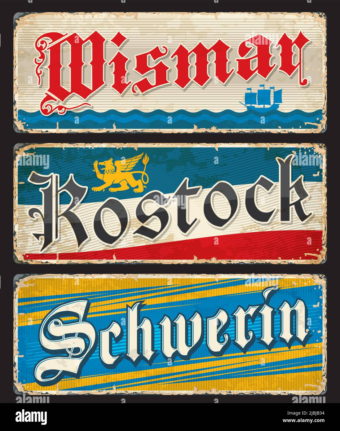 Wismar, Rostock, Schwerin Deutsche Reise-Aufkleber und -Teller, Vektor ...