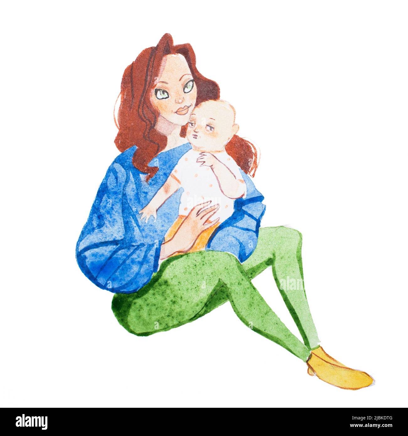 Liebevolle Mutter hält Babys Hand gezeichnet mit Aquarellen ...