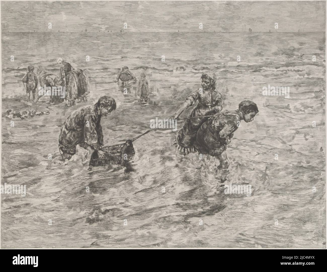 Ein Junge zieht einen Korb mit einem Seil auf dem Rücken durch das ...