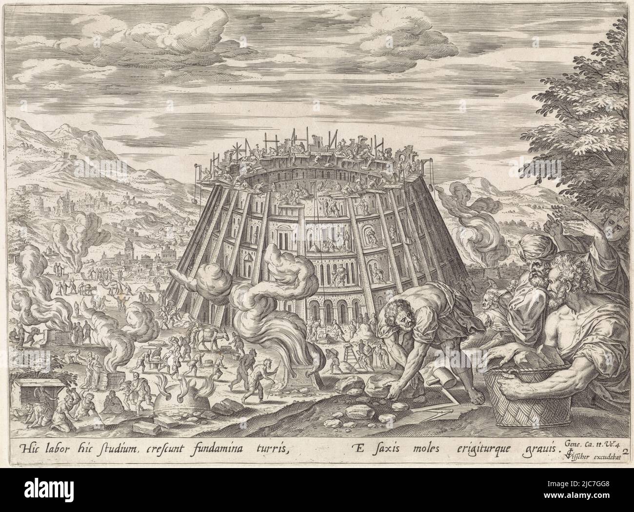 Der Turm von Babel wird gebaut. Im Vordergrund Männer schneiden und tragen Steine in Körben ...