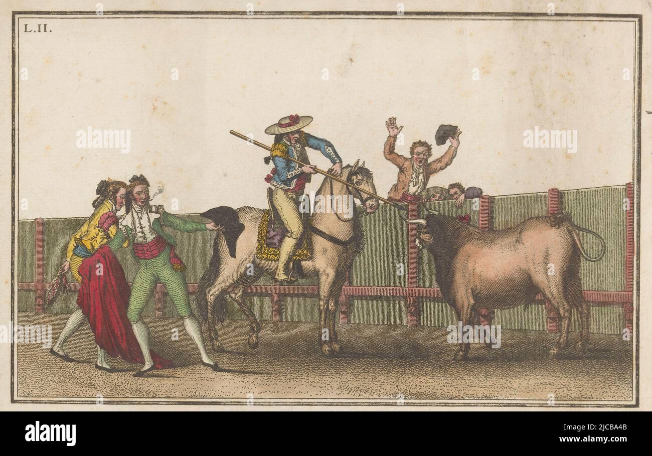 Ein Picador zu Pferd, mit seiner Lanze auf einen Stier auf der linken ...