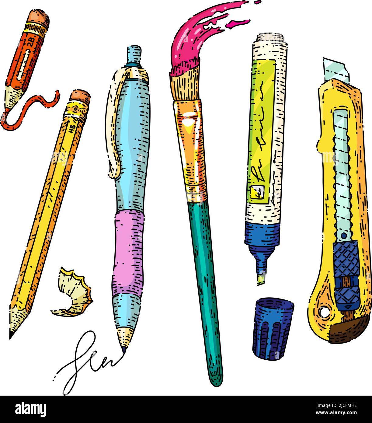 Schreibwaren Schule Set Skizze Hand gezeichnet Vektor Stock ...