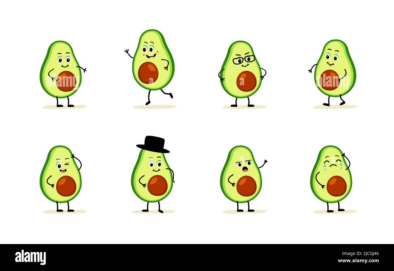 Avocado-Charakter mit witzigem Gesicht. Happy cute Cartoon Emoji Set ...