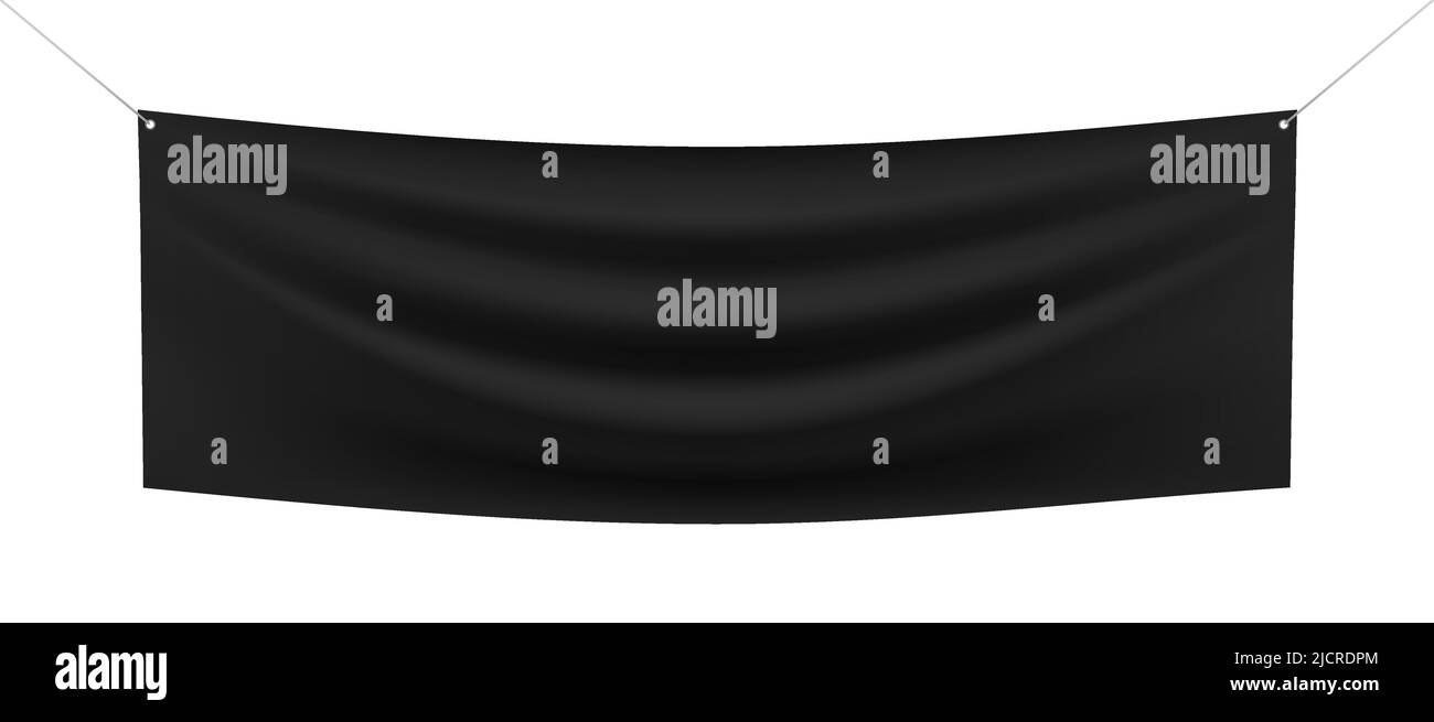 Schwarze Banner-Fahne aus Stoff, die an Seilen hängt, isoliert auf ...