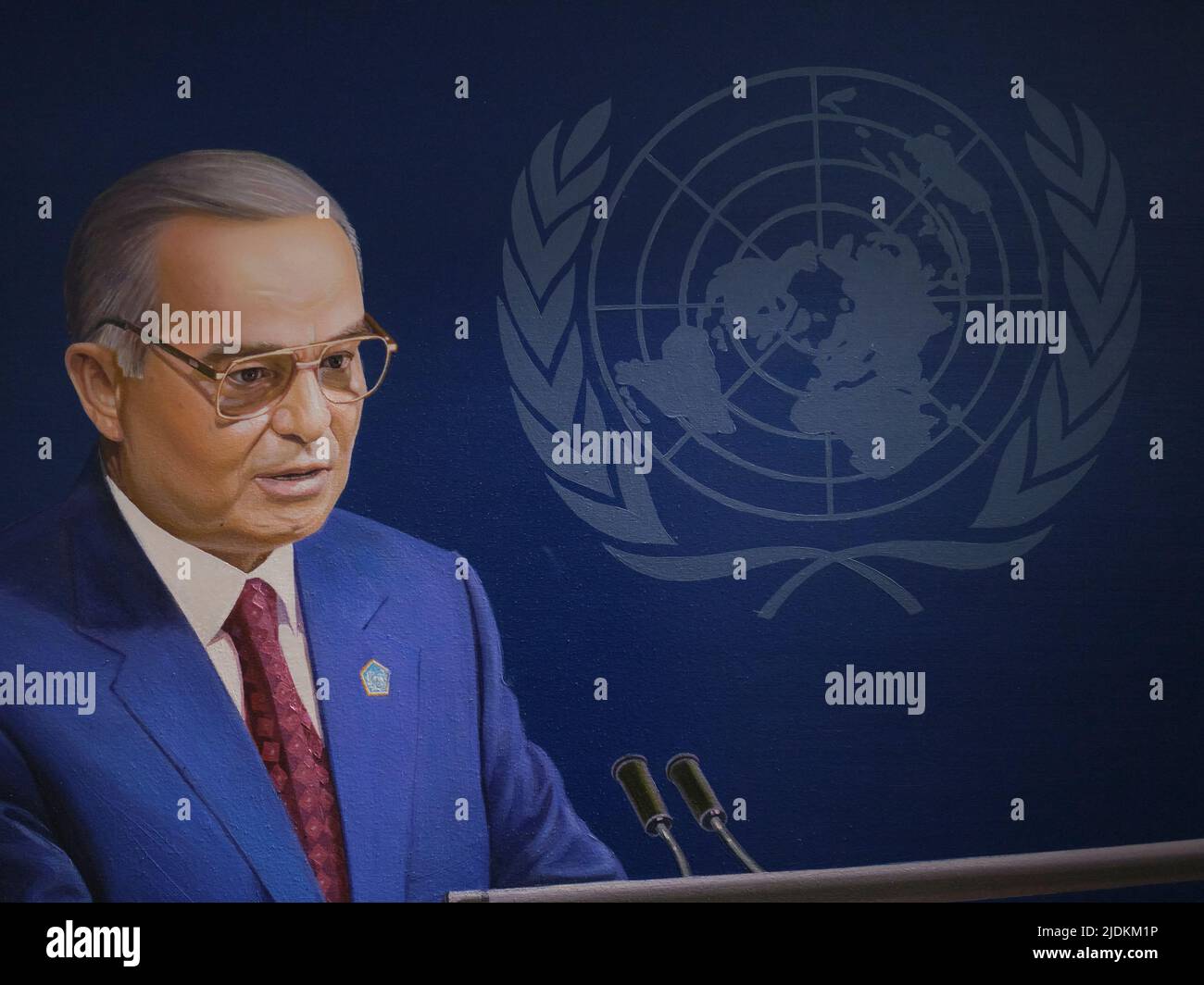 Karimov spricht vor den Vereinten Nationen, UN. Detail eines Ölgemäldes ...