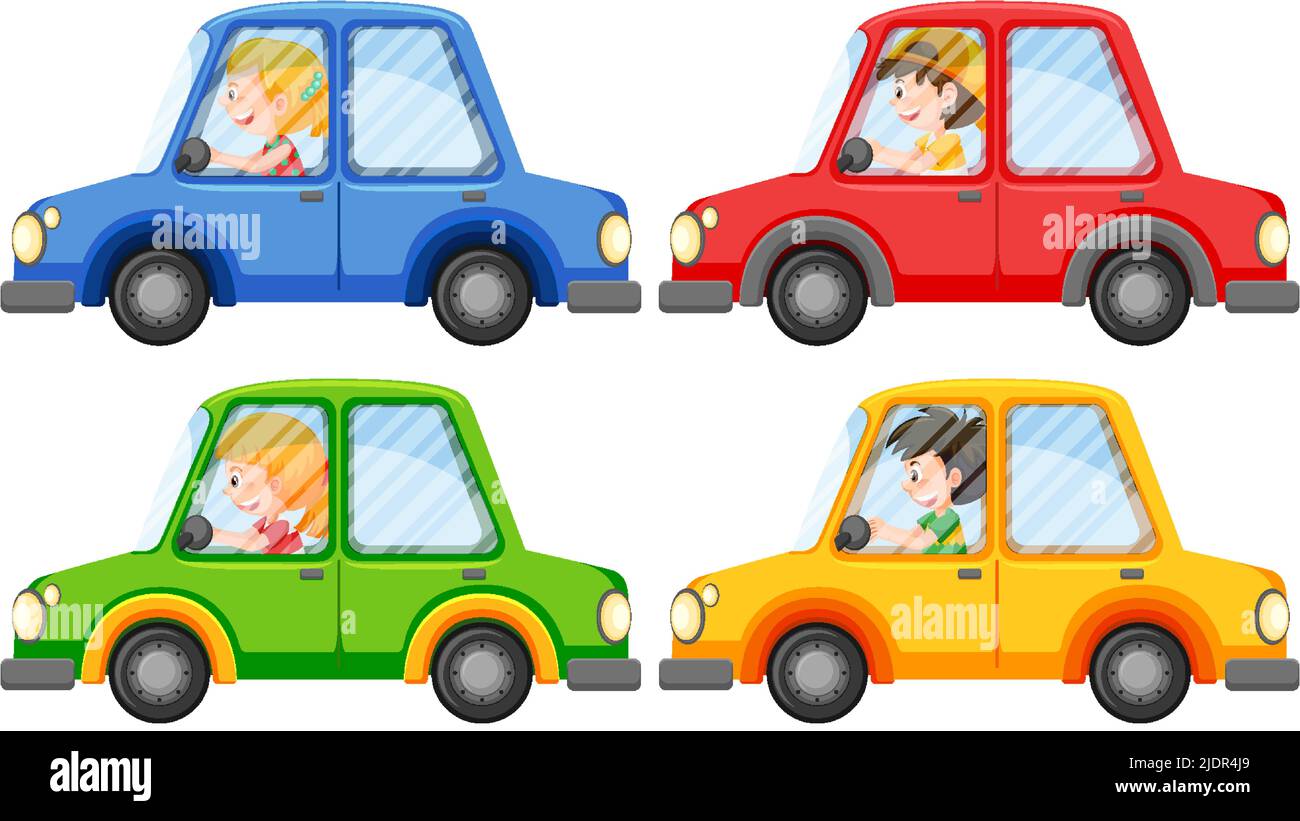Fahrer Kinder in ihren Autos Cartoon Illustration Stock-Vektorgrafik ...