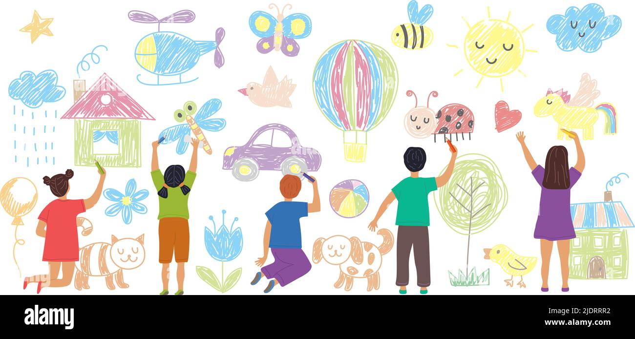 Kinder zeichnen. Lustige Bleistift Skizzen an der Wand Kinder ...