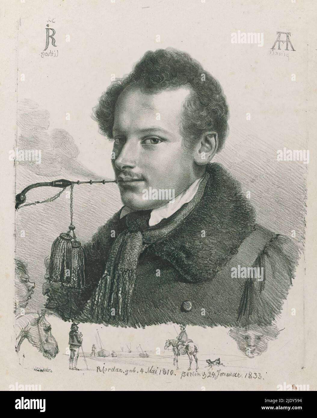 Porträt von Rudolf Jordan, darunter drei groteske Gesichter en Profil ...