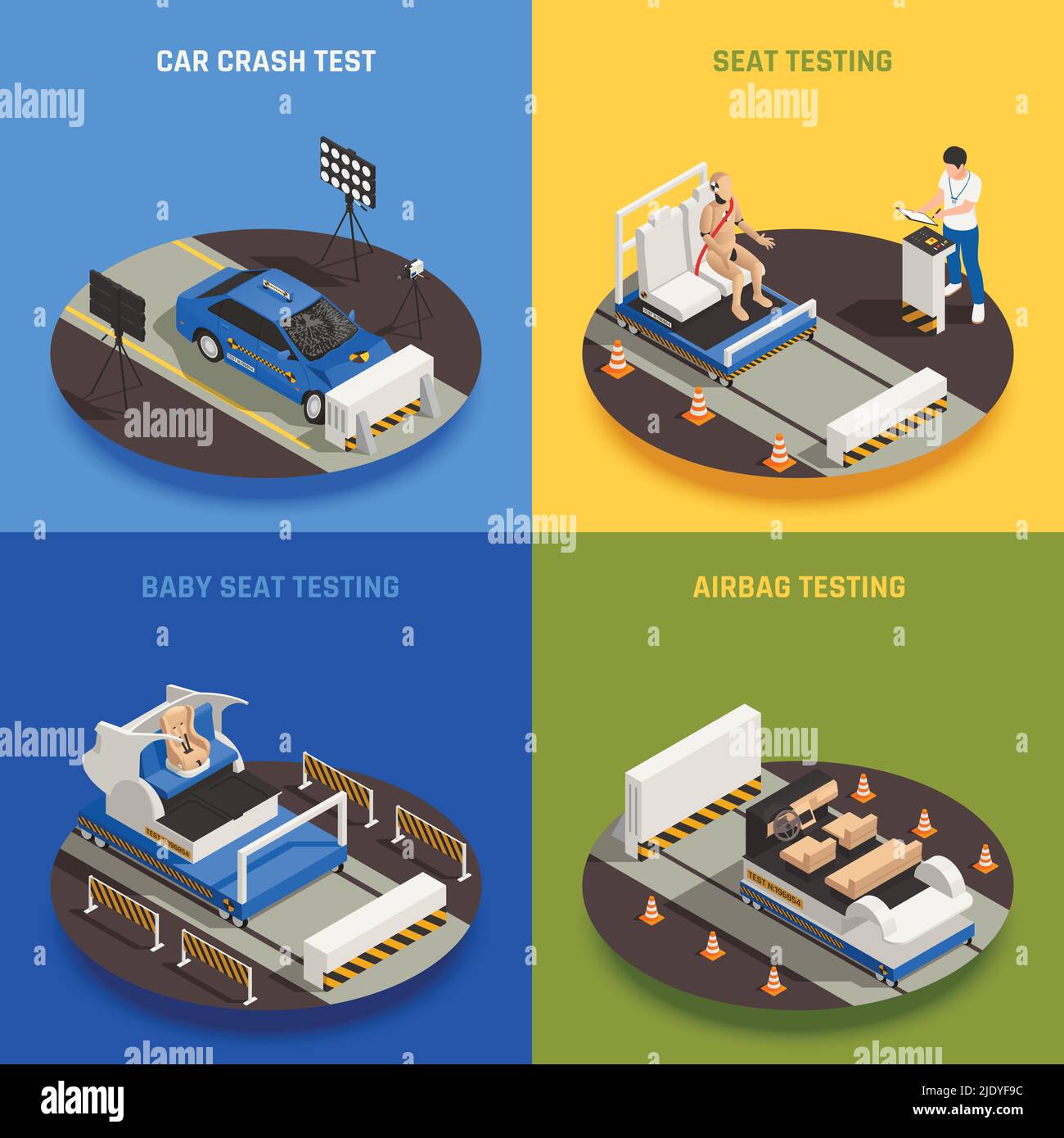 Crash Test Car Safety isometrisches 2x2 Design-Konzept mit Text und ...