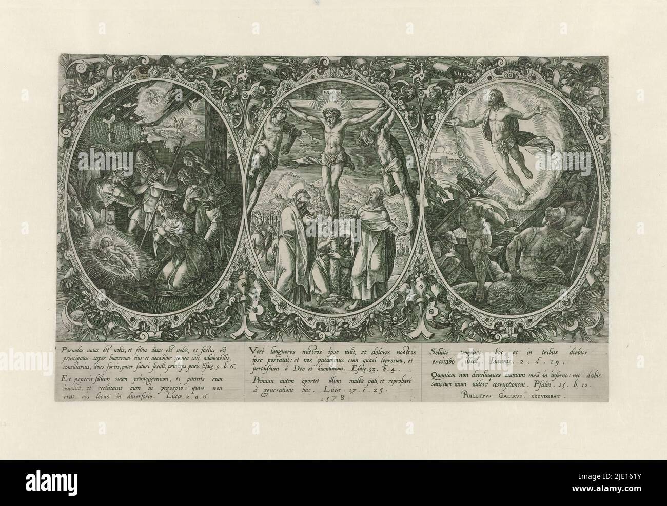 Anbetung durch die Hirten; Kreuzigung; Auferstehung Christi, drei Ovale nebeneinander: Links die ...