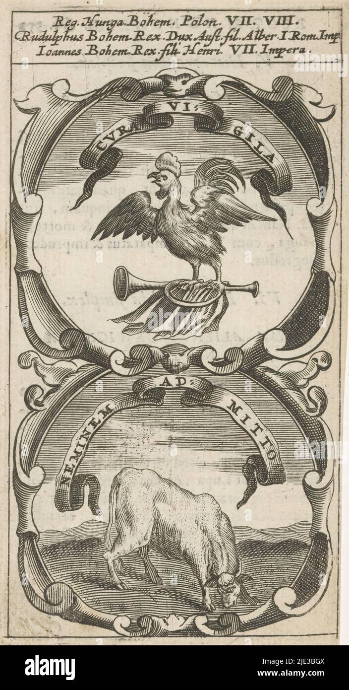Trompete mit Hahn / weidender Stier, Cura Vigila / Neminem Admitto ...