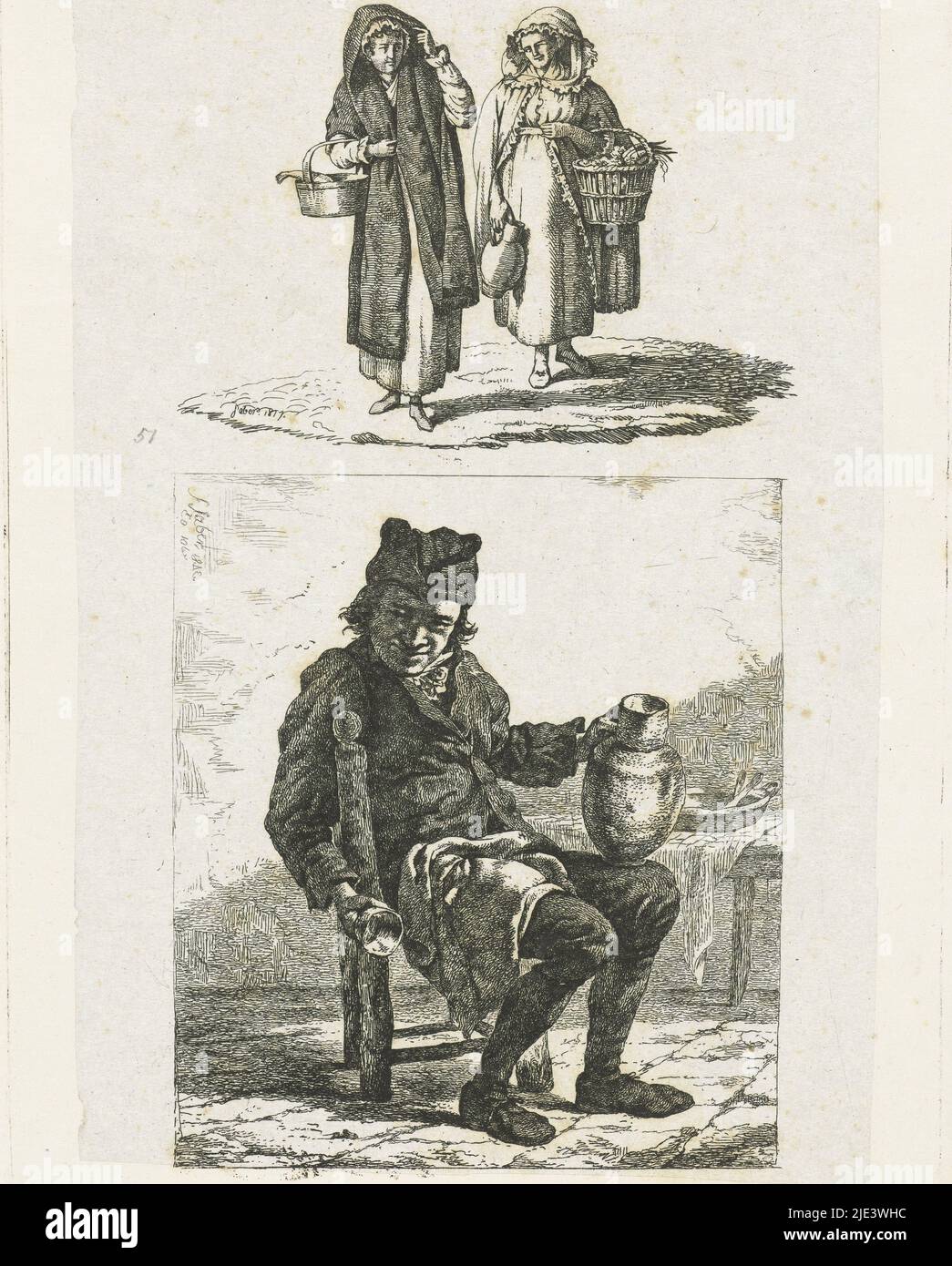 Zwei Frauen und ein sitzender Mann, Frédéric Théodore Faber, 1817, zwei ...