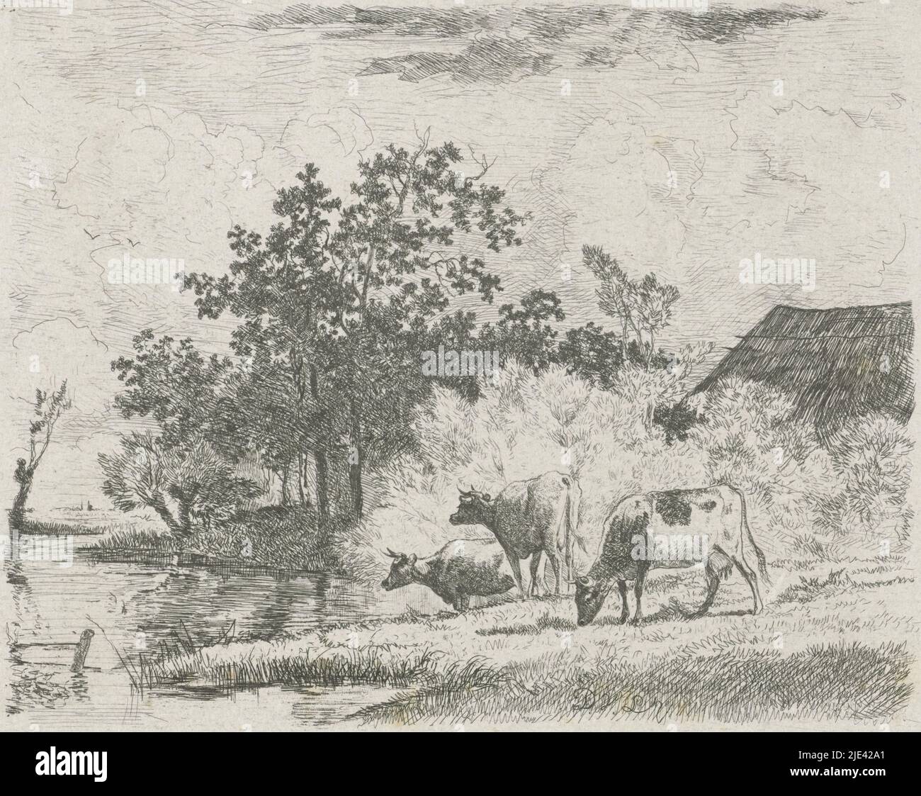 Grasende Kühe durch Strom, Dirk van Lokhorst, 1828 - 1893, drei ...