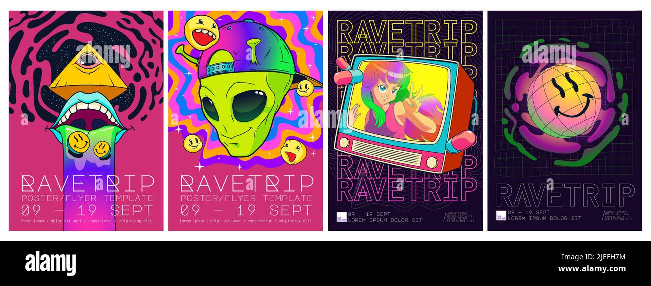 Psychedelische Rave Trip Party Bannervorlagen Set, Mars Kopf und Mund ...