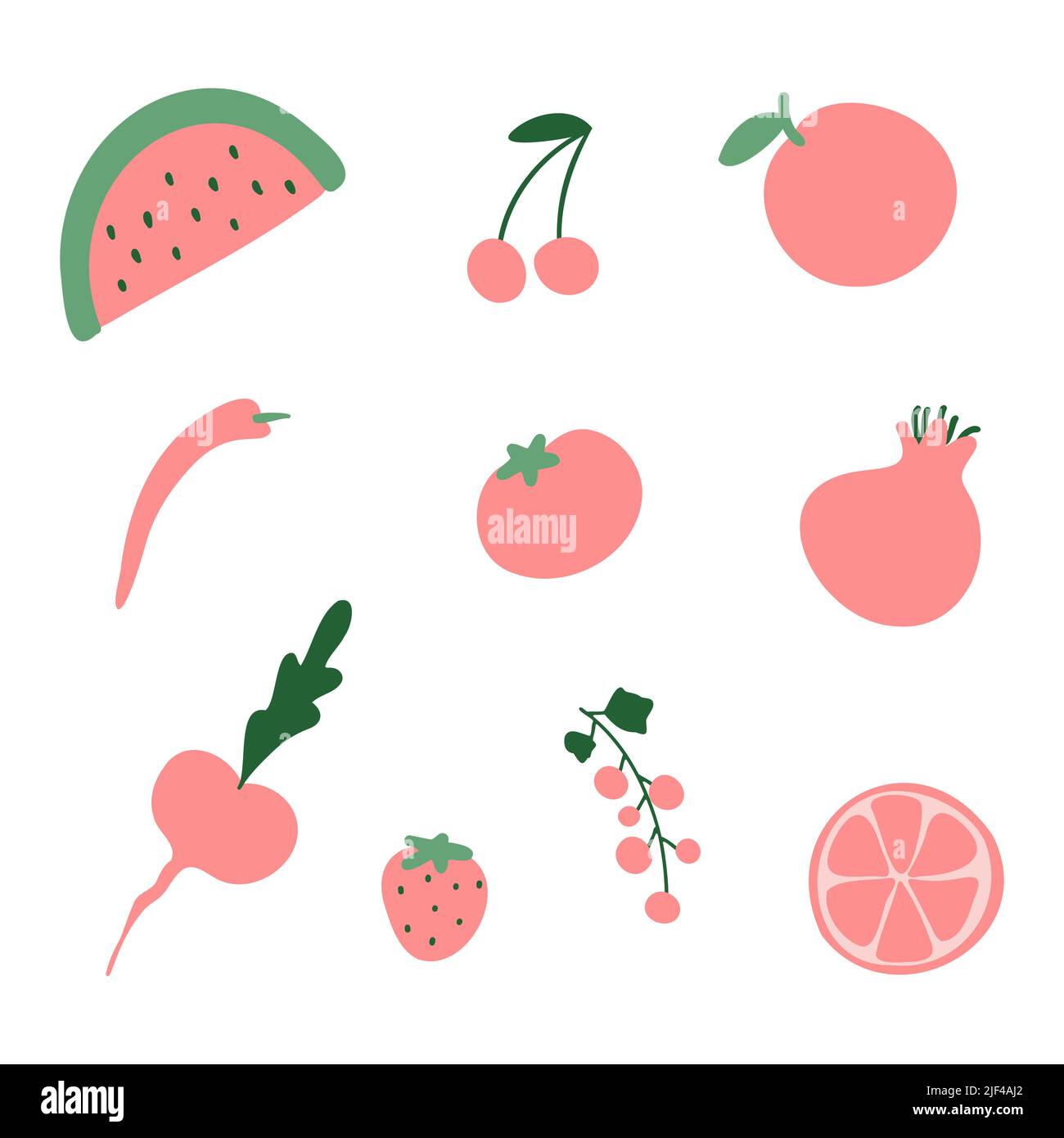 Abstrakt einfaches rotes Obst- und Gemüseset, vegeterische ...