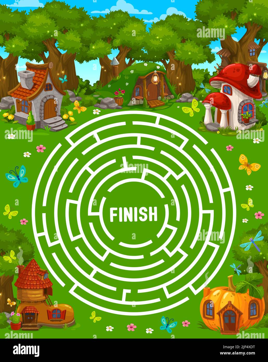 Runde Labyrinth Labyrinth-Spiel, Cartoon-Feenhäuser und Wohnungen von ...