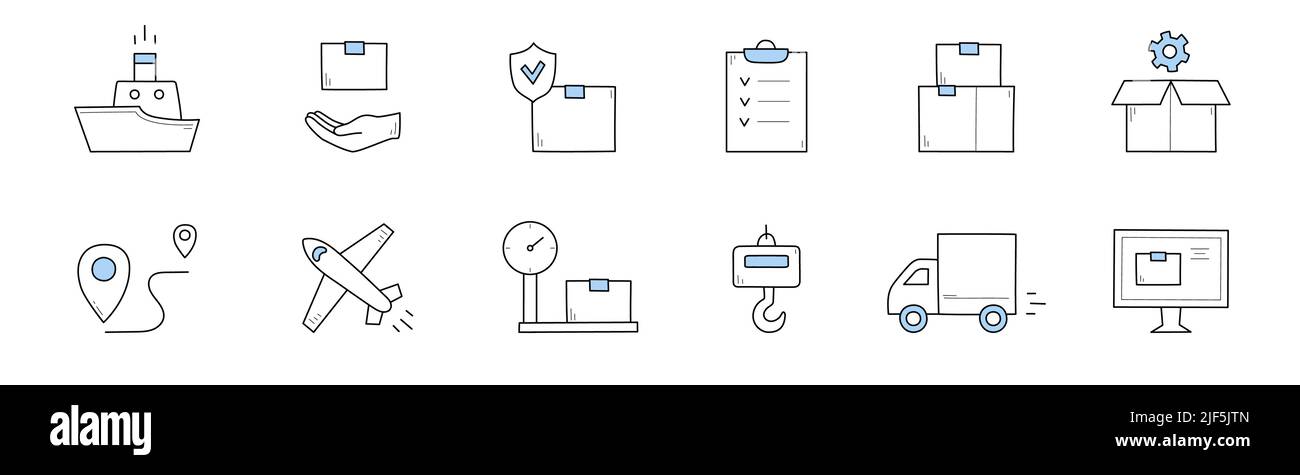Liefer- und Versandservice Doodle Icons. Vektor lineare Zeichen Schiff ...