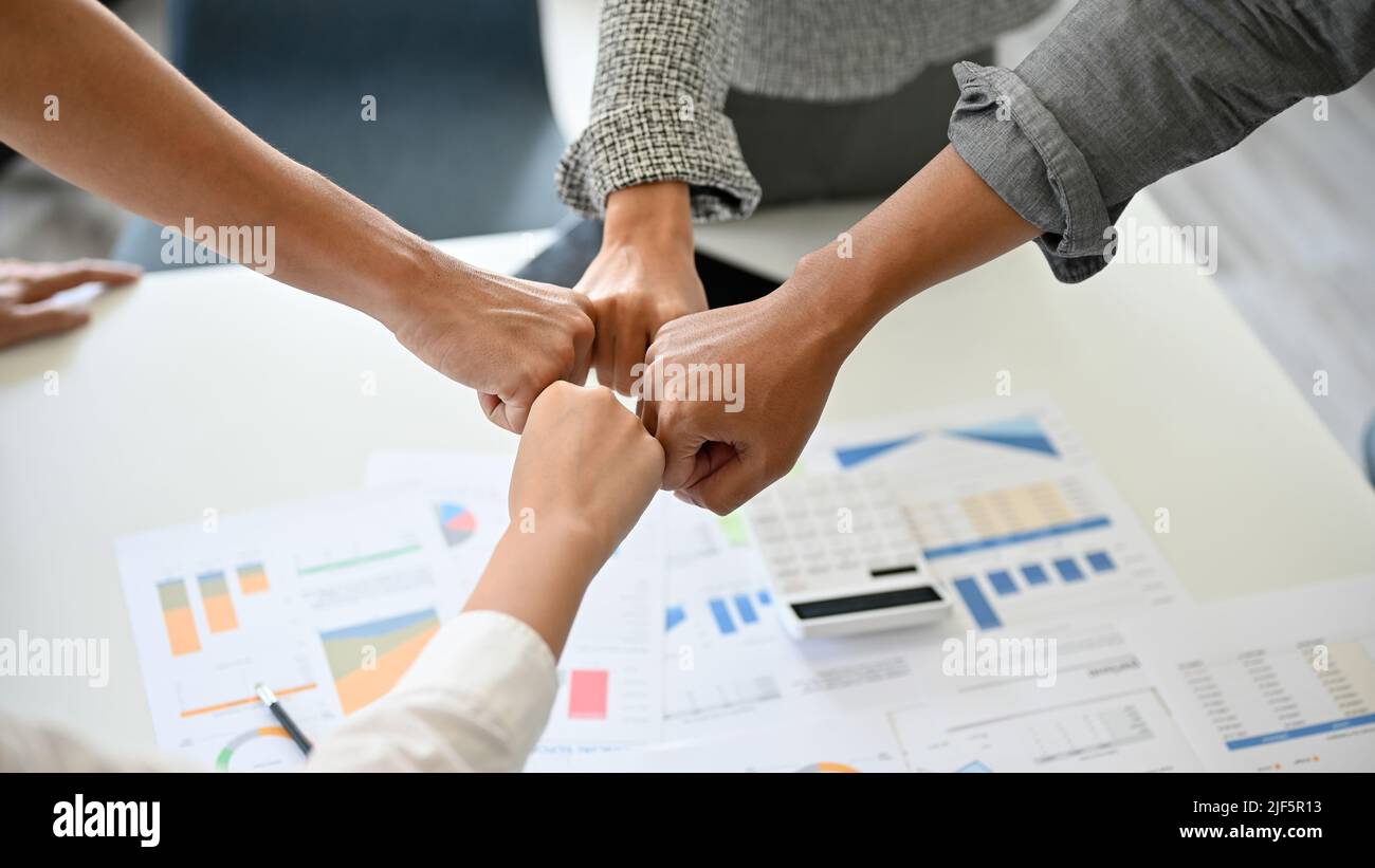 Eine Gruppe erfolgreicher Geschäftsleute, die sich mit der Faust ...