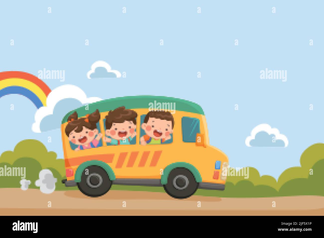 Kinder, die in einem Schulbus mit Regenbogen auf Himmelshintergrund zur ... Kinder, die in einem Schulbus mit Regenbogen auf Himmelshintergrund zur ...