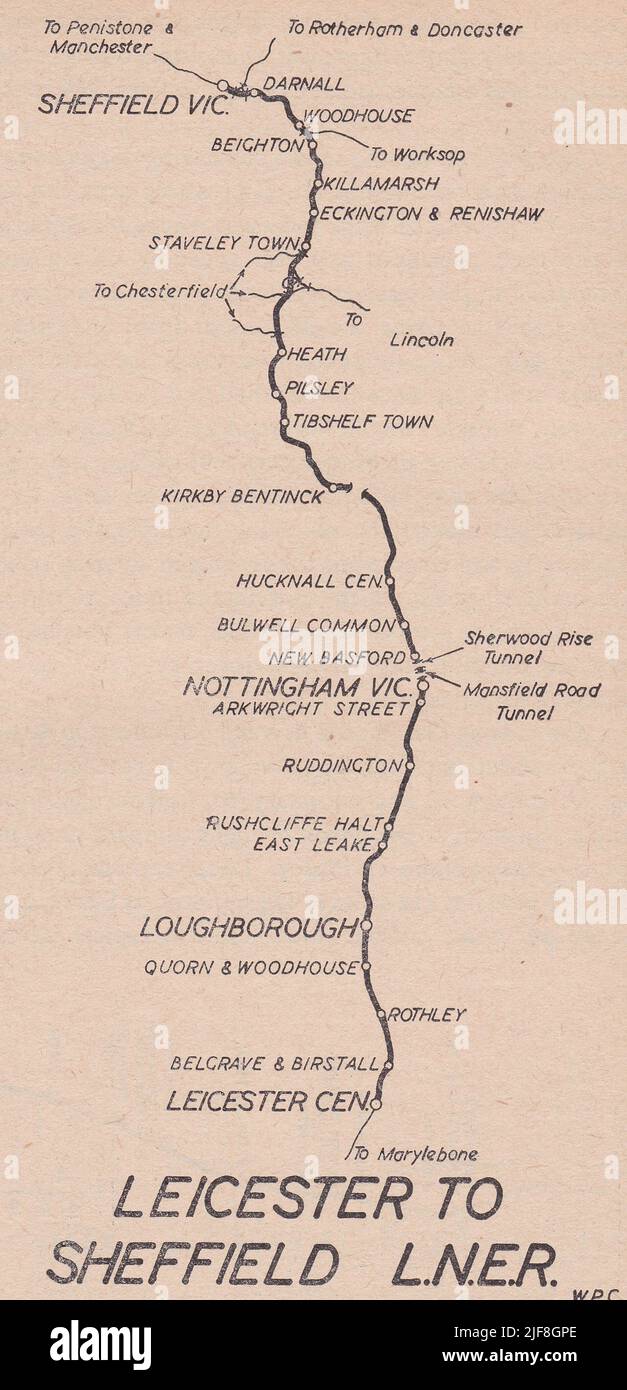 Vintage Railway map - Leicester nach Sheffield L.N.E.R Stockfotografie ...