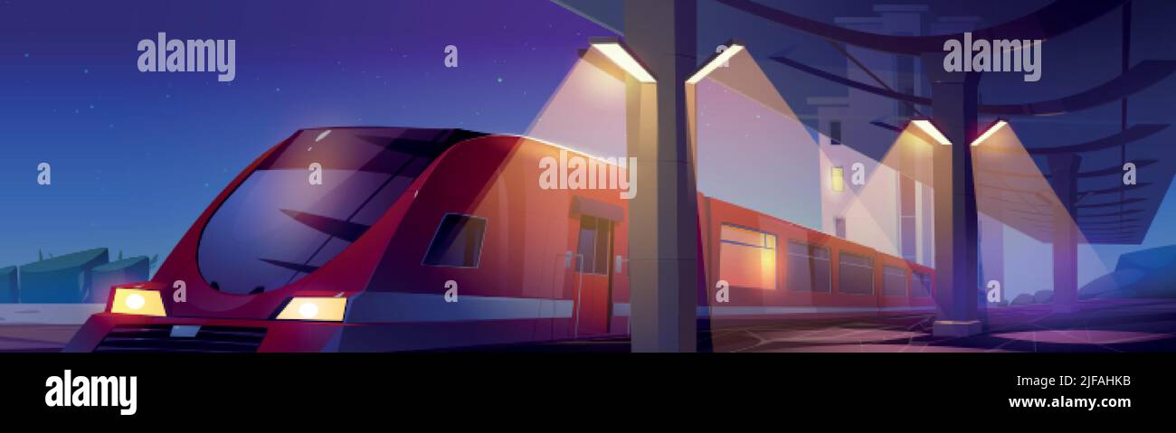 Moderner Bahnhof mit Nachtzug. Vektor-Cartoon-Illustration des Sommers ...