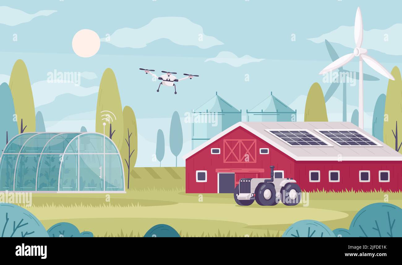 Smart Farming Cartoon Komposition von Farm Outdoor Landschaft mit ...