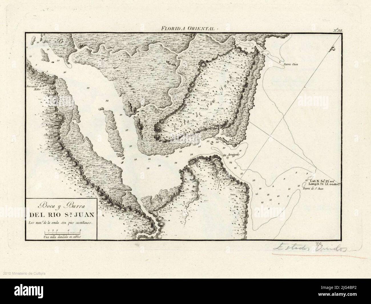 Boca y Barra del Rio San Juan. Es zeigt die Mündung des Flusses und die ...