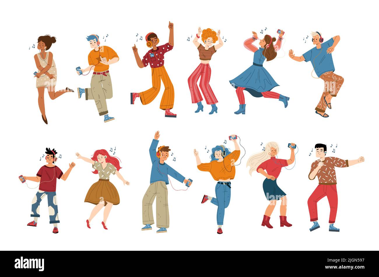Die Menschen hören Musik und tanzen, männliche und weibliche Charaktere ...