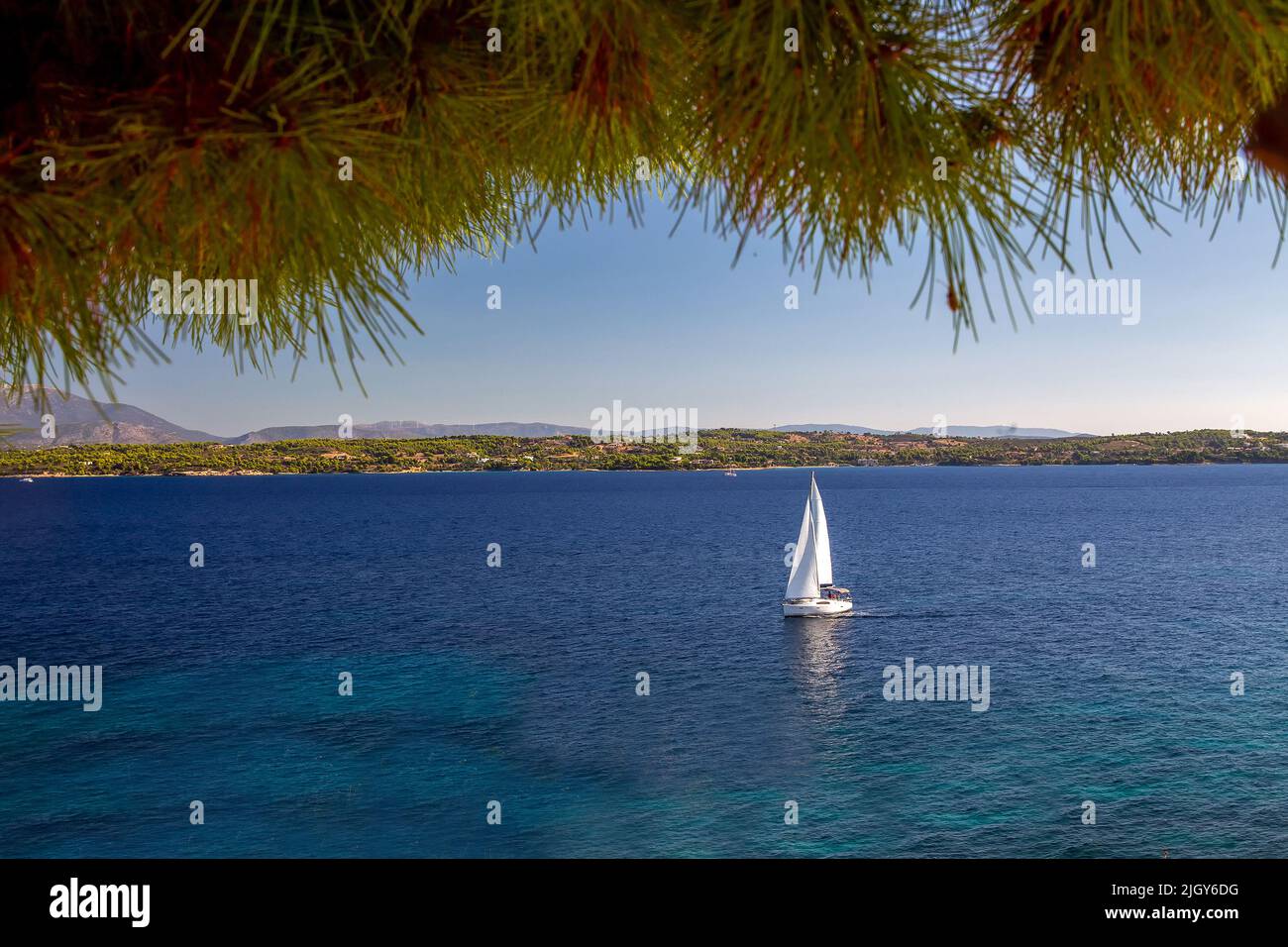 Ein kleines Segelboot mit einem weißen Segel, das sich durch das Wasser ...