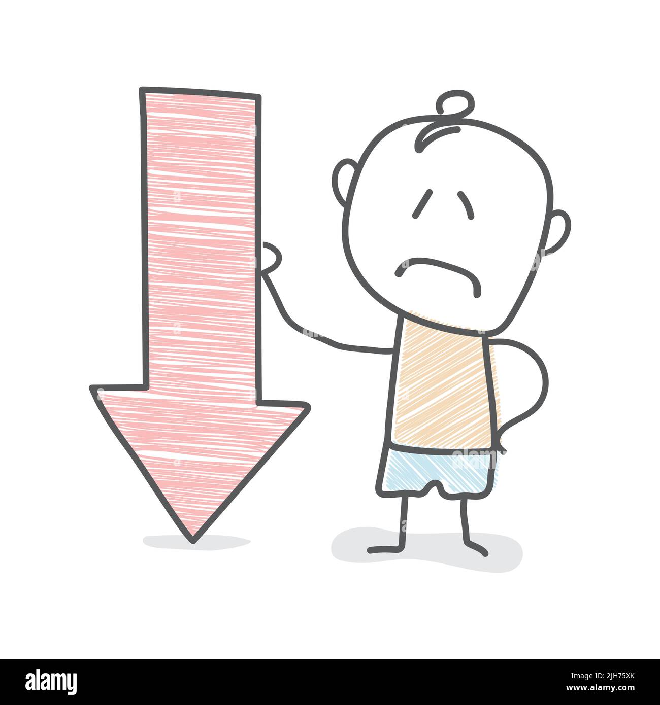 Cartoon-Figur hält einen Pfeil nach unten. Eine Illustration zur ...