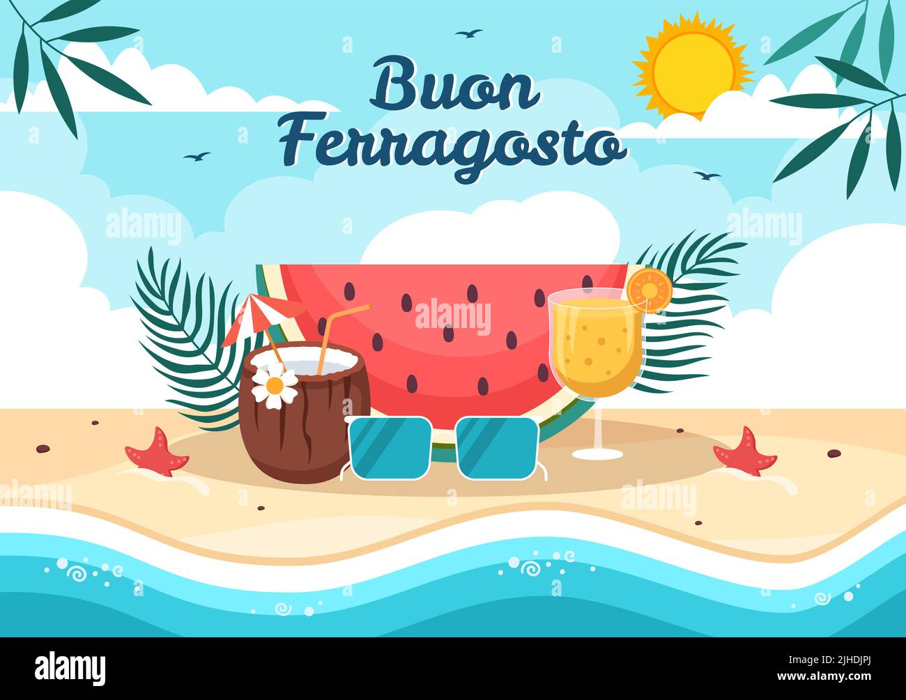 Buon Ferragosto Italienisches Sommerfest am Strand Cartoon Illustration ...