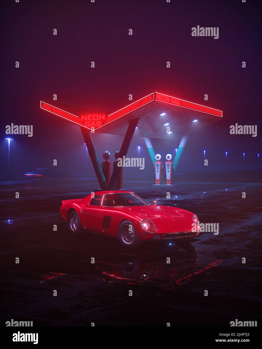 Neon-Tankstelle und Retro-Auto. Vintage Cyberpunk Auto. Nebel Regen und ...