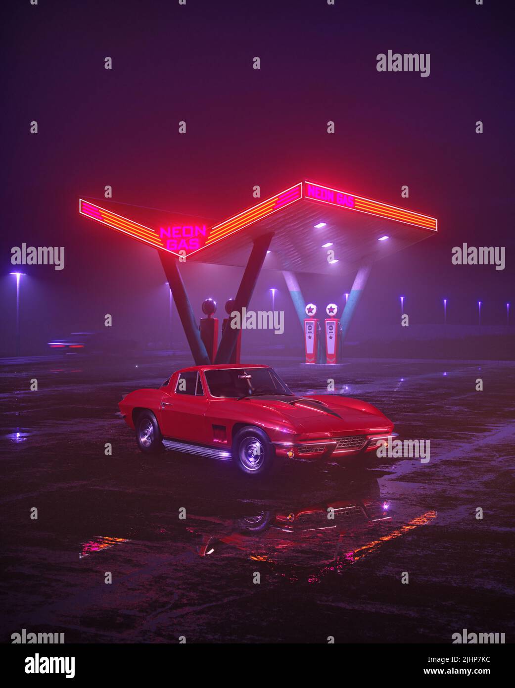 Neon-Tankstelle und Retro-Auto. Vintage Cyberpunk Auto. Nebel Regen und ...