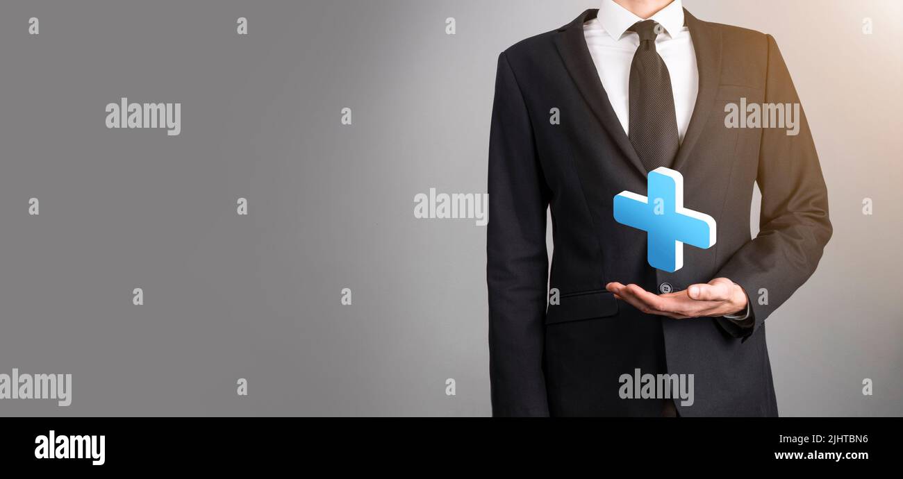Geschäftsmann halten 3D plus Symbol, Mann halten in der Hand bieten ...