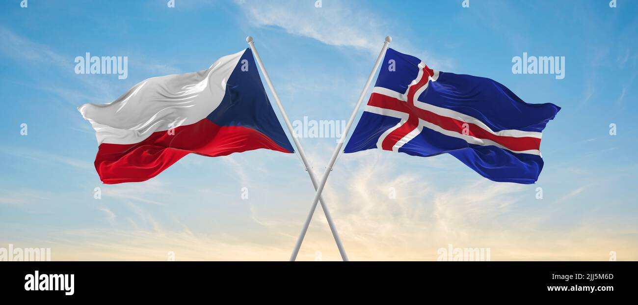 Zwei gekreuzte Flaggen Island und Tschechien winken im Wind bei ...